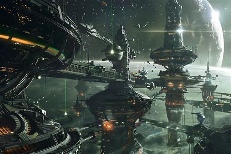 Futuristic Space Station Orbiting A Planet Premium Ai Generated Image