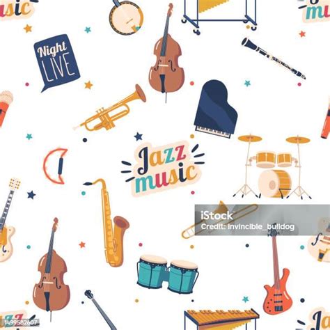 다이나믹 이음매 없는 패턴 다양한 재즈 악기 피아노 더블 베이스 색소폰 벡터 일러스트레이션 음악에 대한 스톡 벡터 아트 및 기타 이미지 Istock