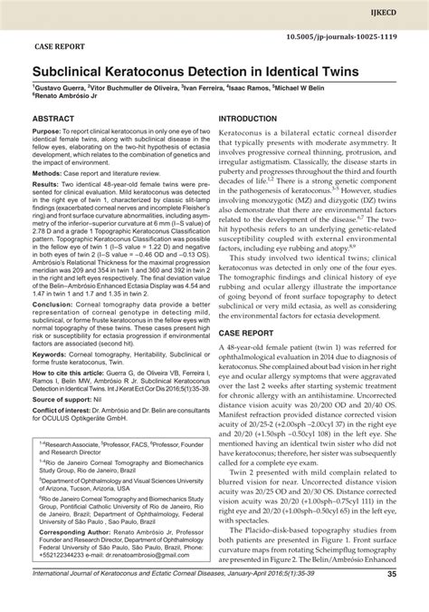 Pdf Subclinical Keratoconus Detection In Identical Twins