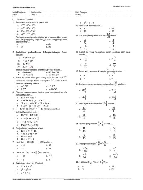 Soal Sts Ganjil Matematika Kelas 7 2023 Pdf