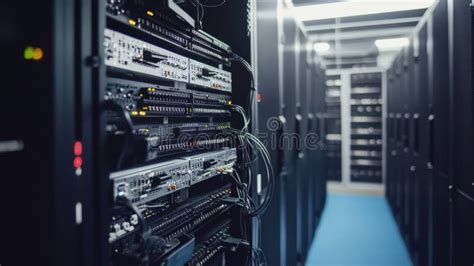 Inside A Data Center Servers And Cables In Rows For Storage And Communication Modern