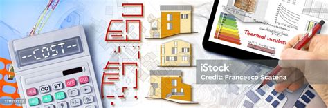 열 절연 건물의 건설에 대한 비용 수식 다이어그램 계획 3d 렌더링 테이블건설 현장 및 에너지 효율 건물 개념 0명에 대한 스톡