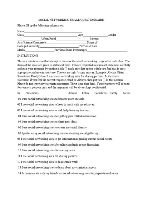 social networking usage questionnaire final pdf social networking