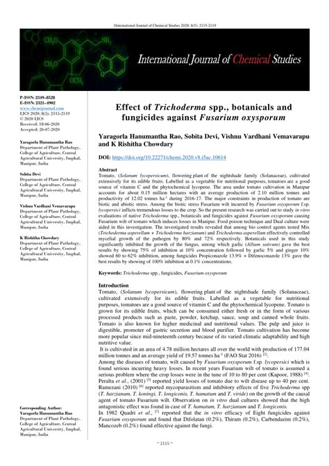 Pdf Effect Of Trichoderma Spp Botanicals And Fungicides Against Fusarium Oxysporum
