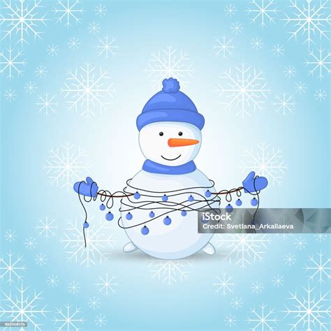 그들의 손에 Garlands와 스카프 부츠 장갑 그리고 모자에 눈이 사람이 새 해와 크리스마스 엽서입니다 흰색 바탕에 고립 된 개체입니다 12월에 대한 스톡 벡터 아트 및