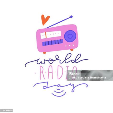 세계 라디오의 날 인사 배너 라디오 수신기를 묘사한 문자 텍스트입니다 복고풍 장치 개념을 사랑 해요 고립 된 플랫 핸드 그린 일러스트 가수에 대한 스톡 벡터 아트 및 기타