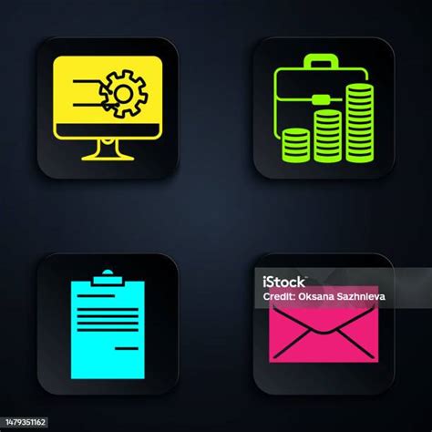 Set Envelope Computer Monitor With Graph Chart Document And Briefcase