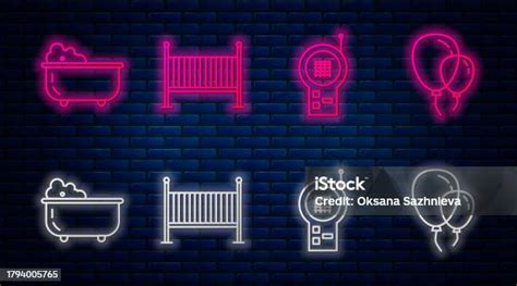 세트 라인 아기 침대 요람 침대 베이비 모니터 워키 토키 아기 욕조 및 리본이 달린 풍선 벽돌 벽에 빛나는 네온 아이콘입니다 벡터 공휴일에 대한 스톡 벡터 아트 및 기타