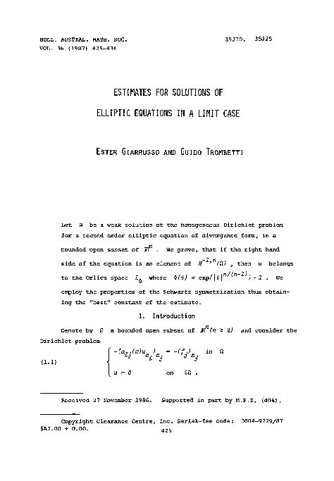 Pdf Estimates For Solutions Of Elliptic Equations In A Limit Case