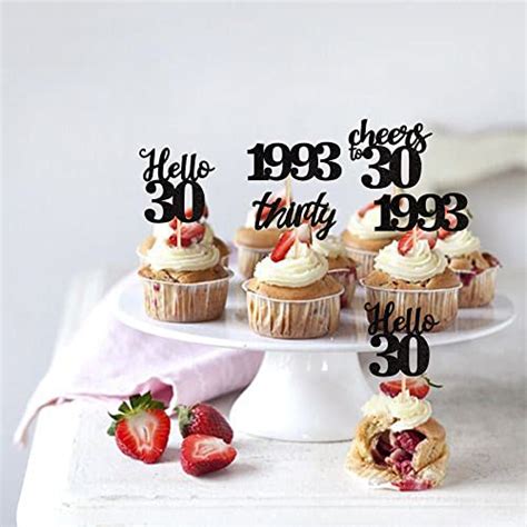24 Pcs Black 30th Birthday Cupcake Toppers Glitter Hello 30 Cupcake
