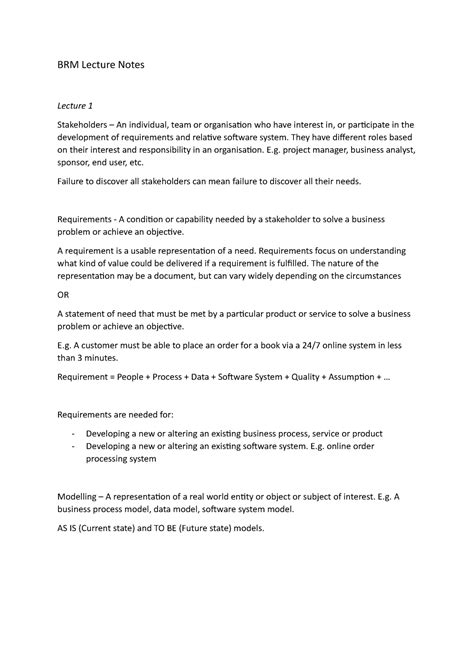 Brm Lecture Notes Brm Lecture Notes Lecture 1 Stakeholders An