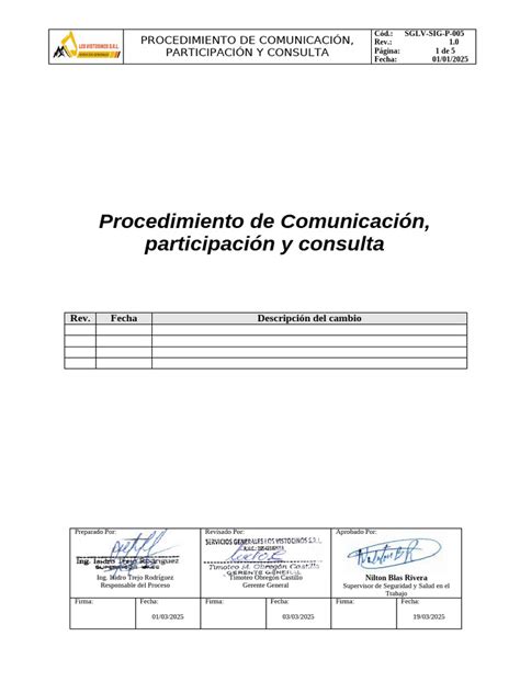 Sglv Sig P 005 Comunicación Participación Y Consulta Pdf Seguridad Y Salud Ocupacional