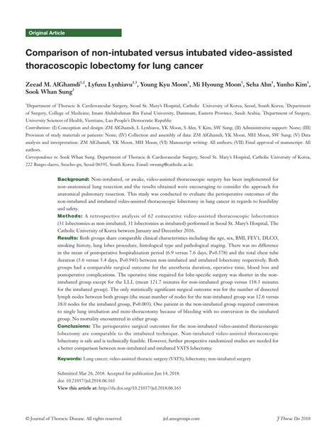 Pdf Comparison Of Non Intubated Versus Intubated Video Assisted Thoracoscopic Lobectomy For