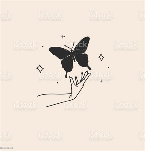 로고 요소와 손으로 그린 벡터 추상 스톡 플랫 그래픽 일러스트 마녀 여자 손에 나비 실루엣의 보헤미안 마술 아트 브랜딩을위한 간단한 스타일 색상 배경에 고립 나비에 대한