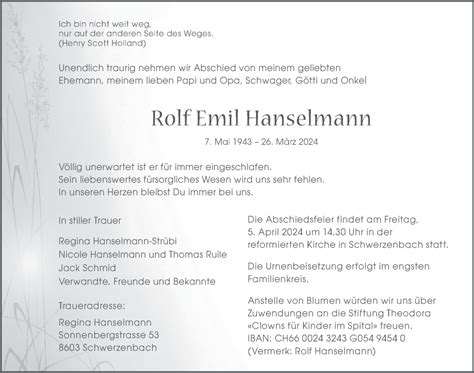 Traueranzeigen Von Rolf Emil Hanselmann Zo Trauerch