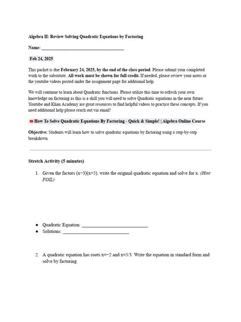 Algebra Ii Review Solving Quadratic Equations By Factoring February 24 2025 Pdf