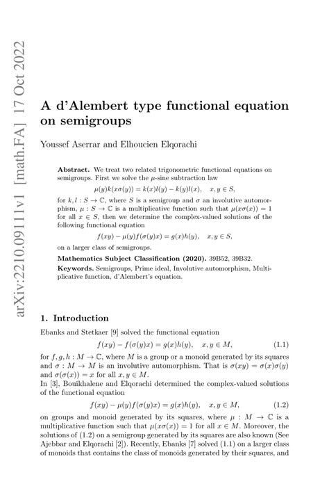 Pdf A Dalembert Type Functional Equation On Semigroups