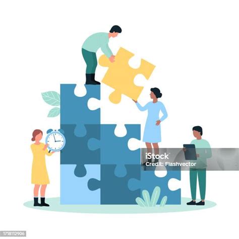비즈니스 성장을 위한 팀 빌딩 사다리를 만들기 위해 퍼즐 조각을 들고 있는 작은 사람들 블럭에 대한 스톡 벡터 아트 및 기타
