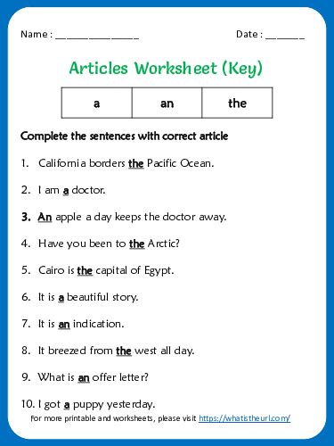 Articles Worksheet A An The Includes Answers