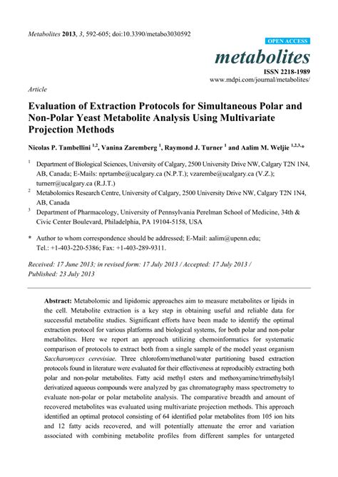 Pdf Evaluation Of Extraction Protocols For Simultaneous Polar And Non Polar Yeast Metabolite