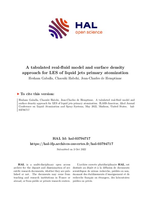 Pdf A Tabulated Real Fluid Model And Surface Density Approach For Les Of Liquid Jets Primary