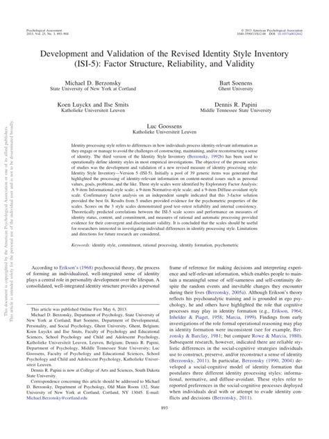 Pdf Development And Validation Of The Revised Identity Style Inventory Isi 5 Factor