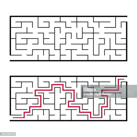 입력 및 출구가 있는 검은색 직사각형 미로 아이들을위한 흥미롭고 유용한 게임 흰색 배경에 격리 된 간단한 평면 벡터 그림입니다 대답과 함께 개념에 대한 스톡 벡터 아트 및