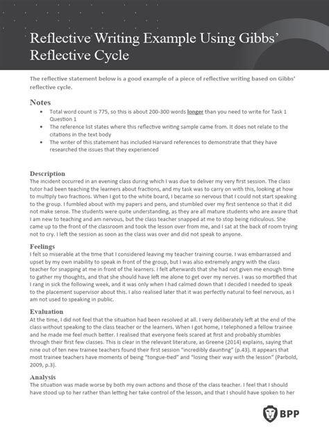 Reflective Writing Example Gibbs Cycle Pdf Teachers Cognitive