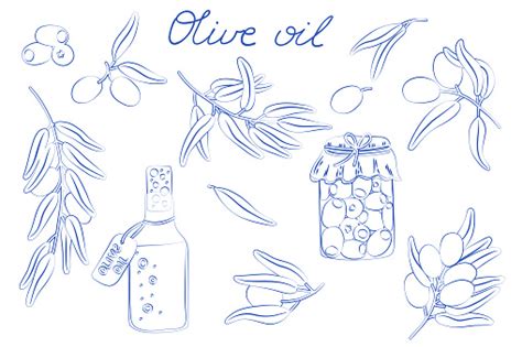 블루 라인 아트에 손으로 그린 올리브 오일 세트 일러스트 지중해 요리를위한 올리브 가지 나뭇잎 기름 병 항아리 스케치 건강한 식생활에 대한 스톡 벡터 아트 및 기타 이미지