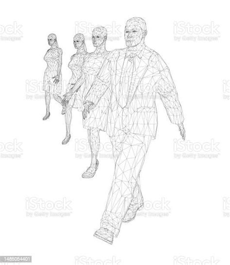 흰색 배경에 격리된 검은색 선의 줄로 사람들을 걷는 와이어프레임 한 남자와 세 여자 정면도 3d 벡터 그림입니다 3차원 형태에 대한 스톡 벡터 아트 및 기타 이미지 Istock