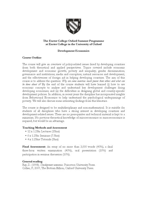 Development Economics Course Outline Lecture Notes Economics Docsity