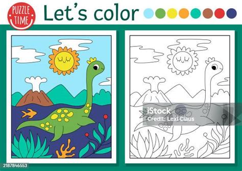 플레시오사우루스를 가진 아이들을 위한 공룡 색칠 공부 페이지 선사 시대 풍경과 함께 벡터 윤곽선 그림 색깔이 있는 예를 가진 아이들을 위한 색칠하기 책 그리기 기술 인쇄