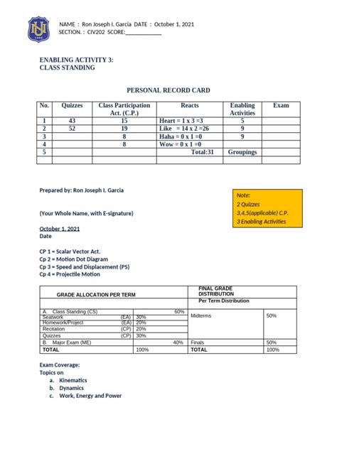 Ea 3 Class Standing Record Card Pdf