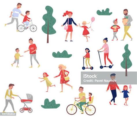 젊은 부모 그들의 아이 들과 함께 시간을 보내는 야외 활동입니다 가족의 하루입니다 행복 한 유년 시절입니다 평면 벡터 세트 귀여운에 대한 스톡 벡터 아트 및 기타 이미지