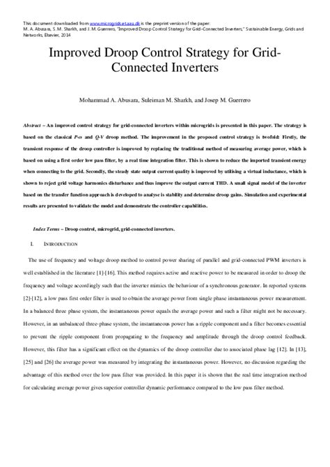 Pdf Improved Droop Control Strategy For Grid Connected Inverters