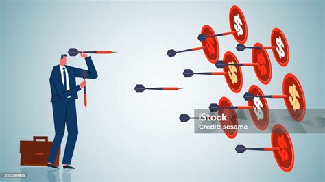 마케팅 계획 및 목표 정확한 마케팅 전략 및 완벽한 비즈니스 기술 사업가는 다트를 사용하여 공중에서 금화를 완벽하게 맞춥니다