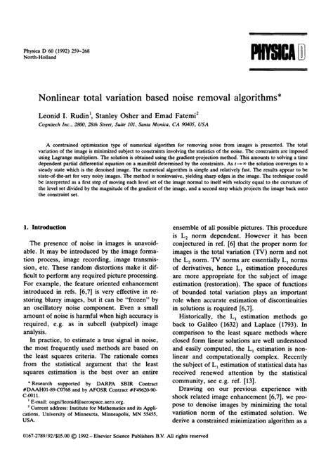 Pdf Nonlinear Total Variation Based Noise Removal Algorithms