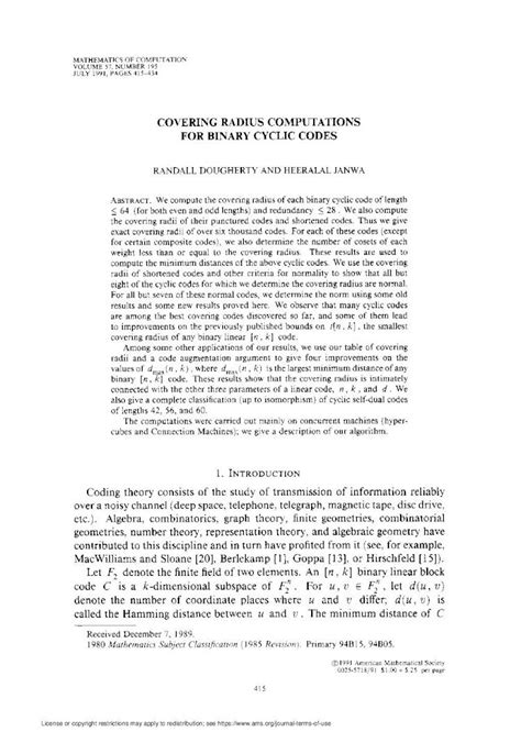 Pdf Covering Radius Computations For Binary Cyclic Codes · For Binary Cyclic Codes Randall