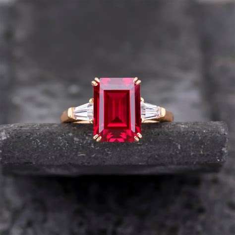 Emerald Cut Lab Created Ruby Engagement Ring For Women Wedding Ring