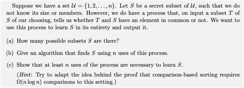 Suppose We Have A Set U N Let S Be A Secret Chegg Com