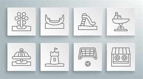 세트 라인 어트랙션 회전 목마 보트 스윙 샌드 타워 공이 있는 축구 골 슈팅 갤러리 어린이 슬라이드 스윙 보트 및 관람차 아이콘