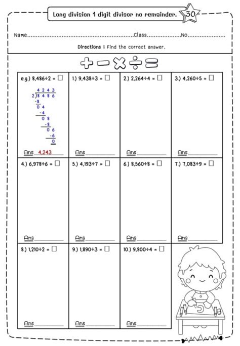Long Division Worksheet 1 Digit Divisor No Remainder By Like Math 67
