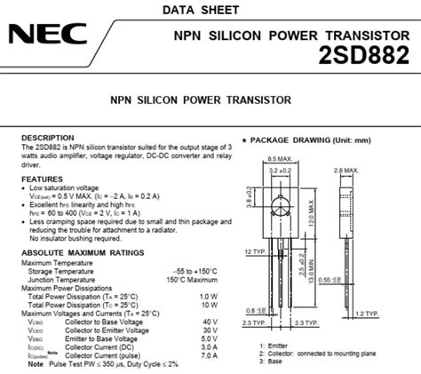 Nec D882 Npn Power Transistor To 126 Package Tv And Home Appliances Electrical Adaptors