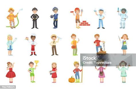 그들의 미래 직업과 아이 속성 밝은 색상 만화 간단한 스타일 플랫 벡터 과학자에 대한 스톡 벡터 아트 및 기타 이미지 과학자 연관공 연구실 가운 Istock