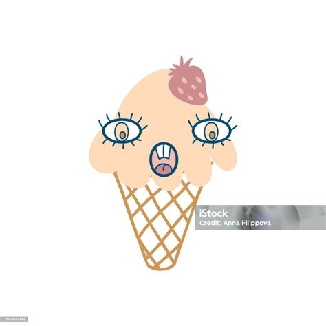 낙서 눈을 가진 겁에 질린 얼굴 딸기 아이스크림 콘 캐릭터 티 스티커 포스터를 위한 완벽한 인쇄 장식과 디자인을 위한 복고풍
