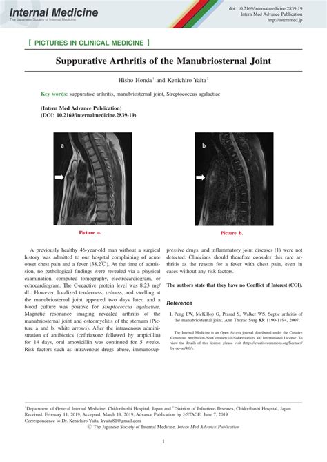 Pdf Suppurative Arthritis Of The Manubriosternal Joint