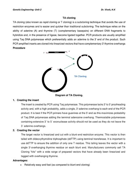 Genetic Engineering Unit 2 Ta Cloning Ta Cloning Also Known As Rapid