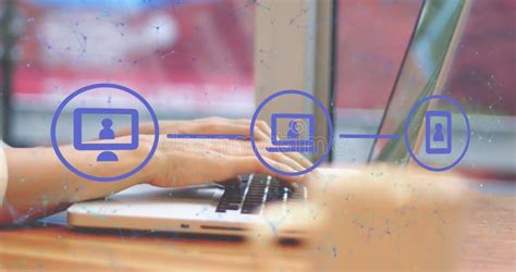 Image Of Icons And Connected Dots By Lines Over Cropped Hands Of Caucasian Man Using Laptop