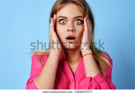 Surprised Woman Big Eyes On Blue Stock Photo Shutterstock