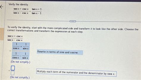 solved verify the identity sec x csc x sec x csc x tan x 1 tan